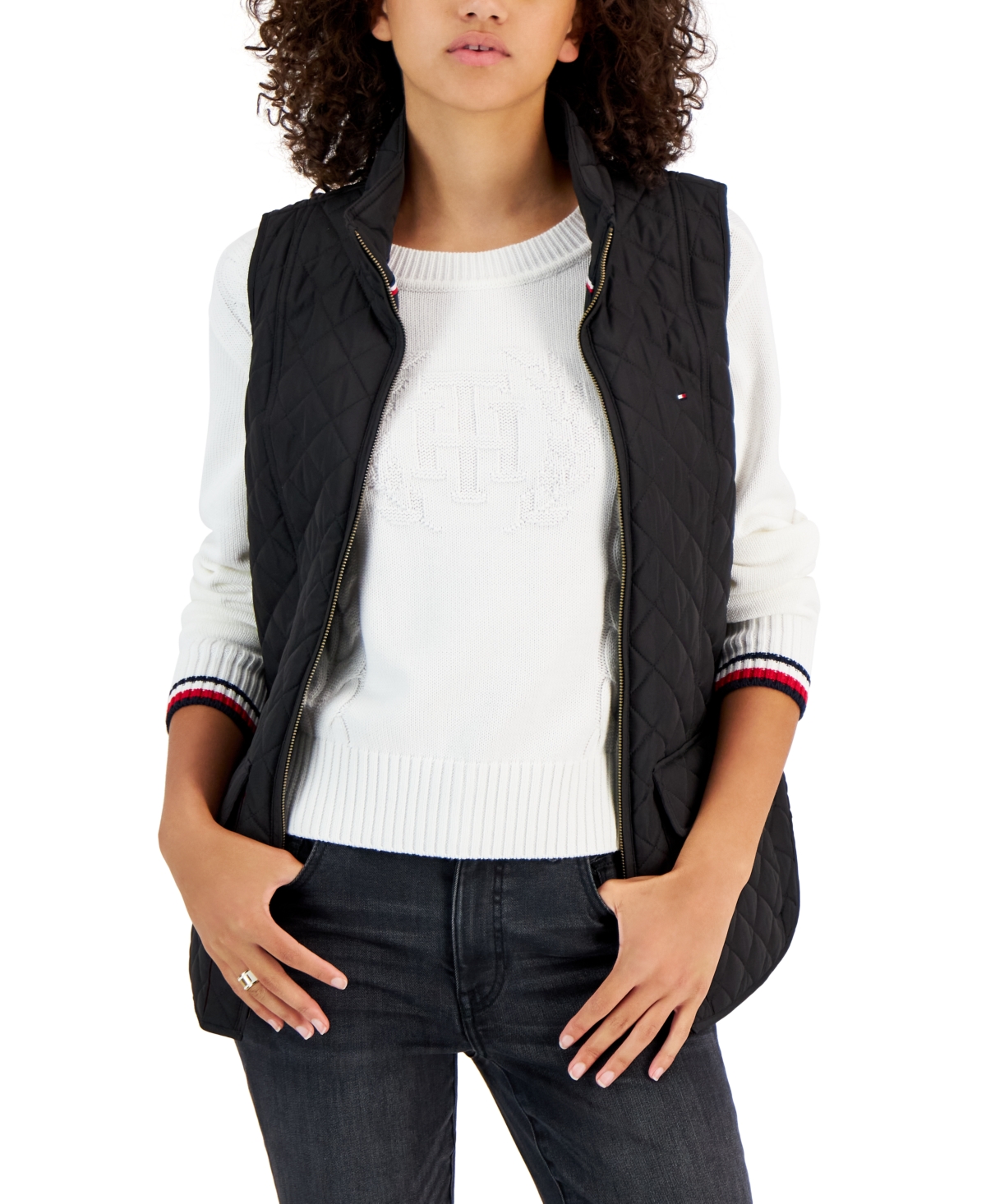 Click here for Tommy Hilfiger Womens Quilted Zip Front Vest - Bla... prices