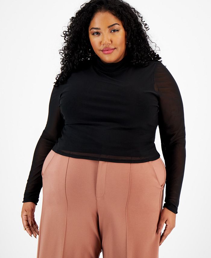 Bar III Plus Size Mesh Mock-Neck Cutout Tie-Back Top, Created for Macy ...