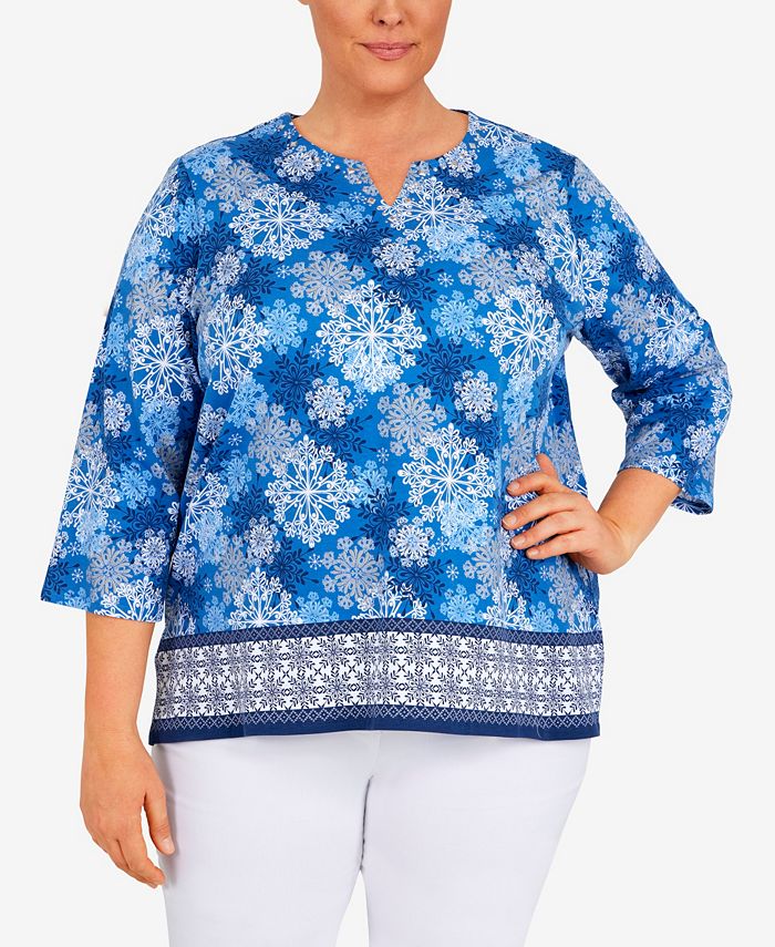 Alfred Dunner Plus Size Classics Snowflake Border Top - Macy's