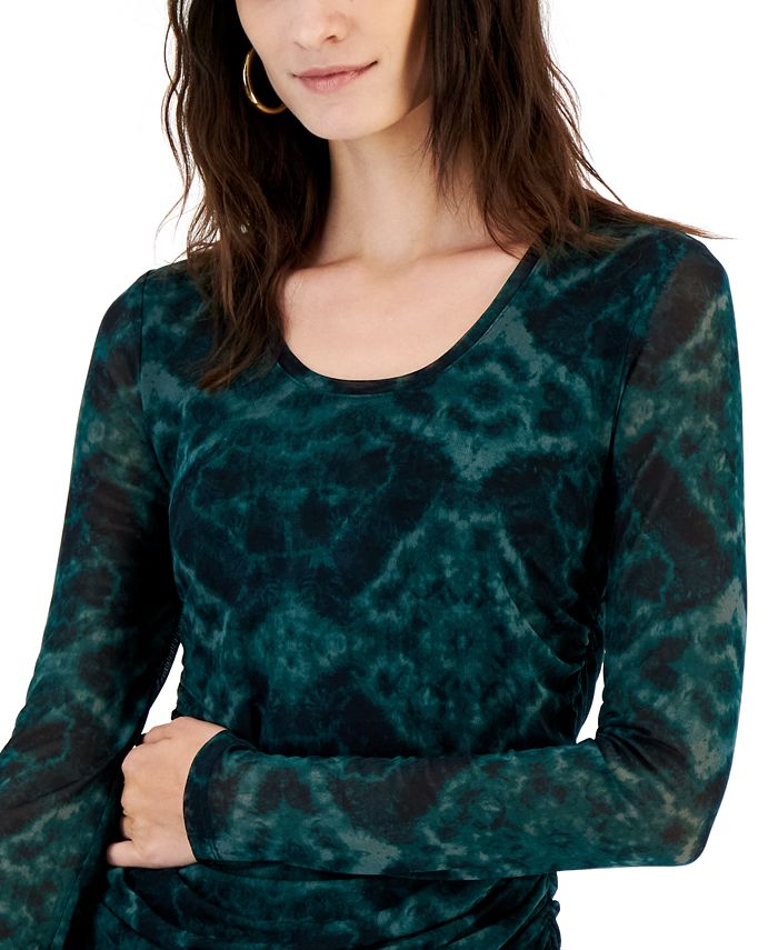 INC International Concepts Women's Printed Side-Ruched Sheer-Sleeve Top ...