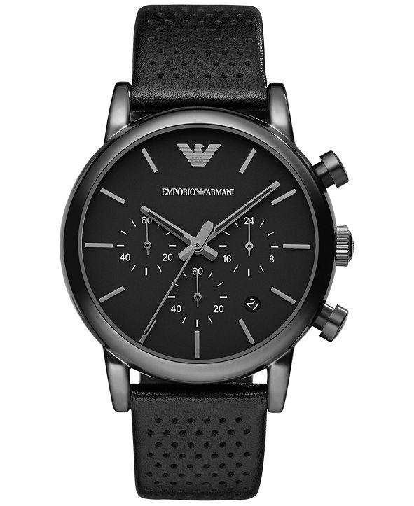 Emporio Armani Men's Chronograph Perforated Black Leather Strap Watch ...