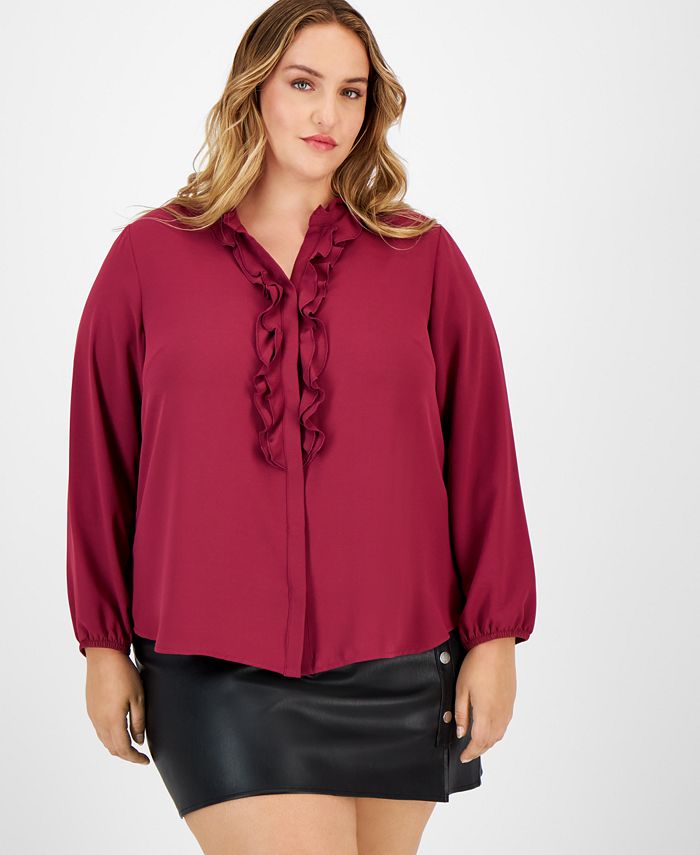 Bar III Plus Size Ruffled Split-Neck Blouse, Created for Macy's ...