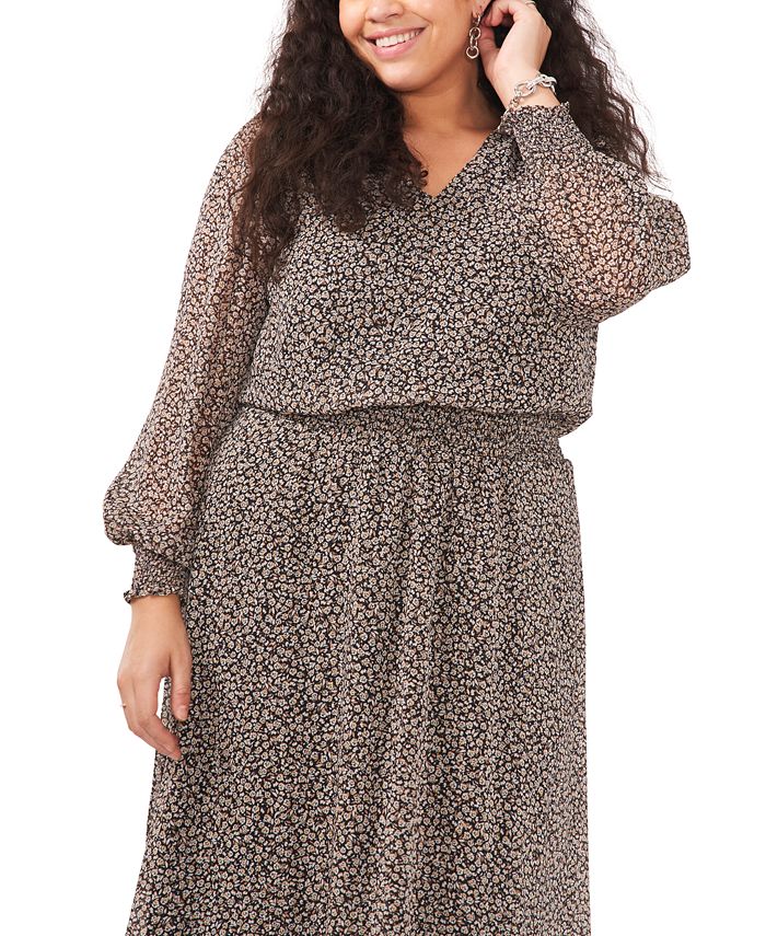 MSK Plus Size Printed Smock-Waist Midi Dress - Macy's