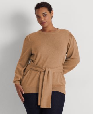 Lauren Ralph Lauren Plus-Size Belted Cotton-Blend Sweater - Macy's