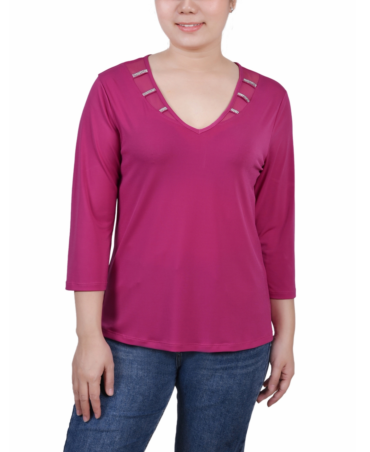 Click here for Ny Collection Petite 3/4 Sleeve Top with Illusion... prices