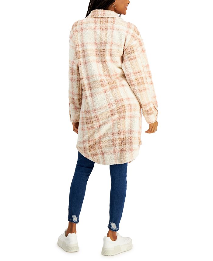 Almost Famous Juniors' Plaid Button-Front Faux-Sherpa Shacket & Reviews ...