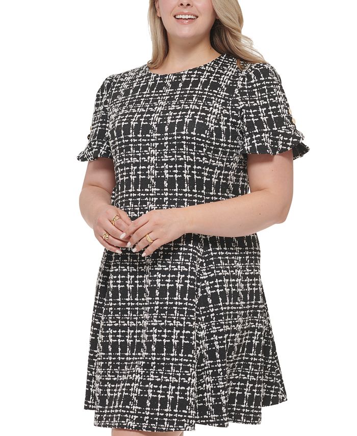 DKNY Plus Size Flounce-Sleeve Plaid Stretch Knit Dress - Macy's