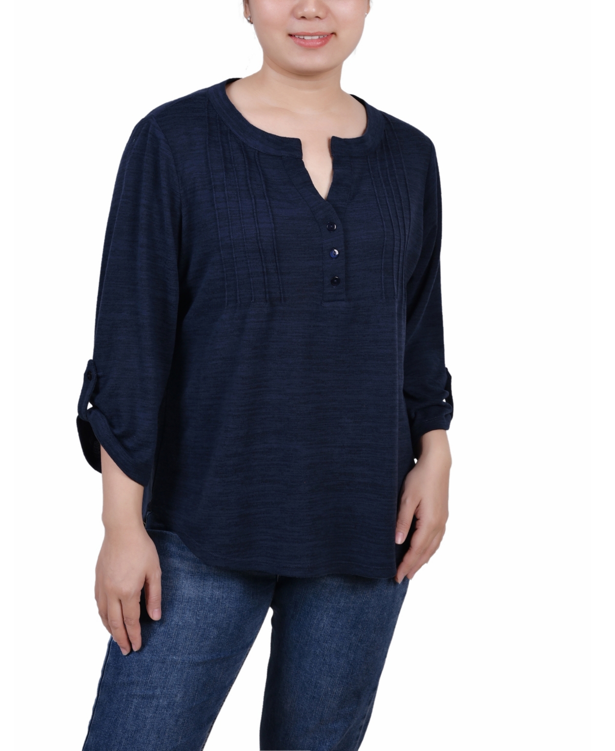 Ny Collection Petite 3/4 Roll Tab Sleeve Pintuck Top - Denim Blue