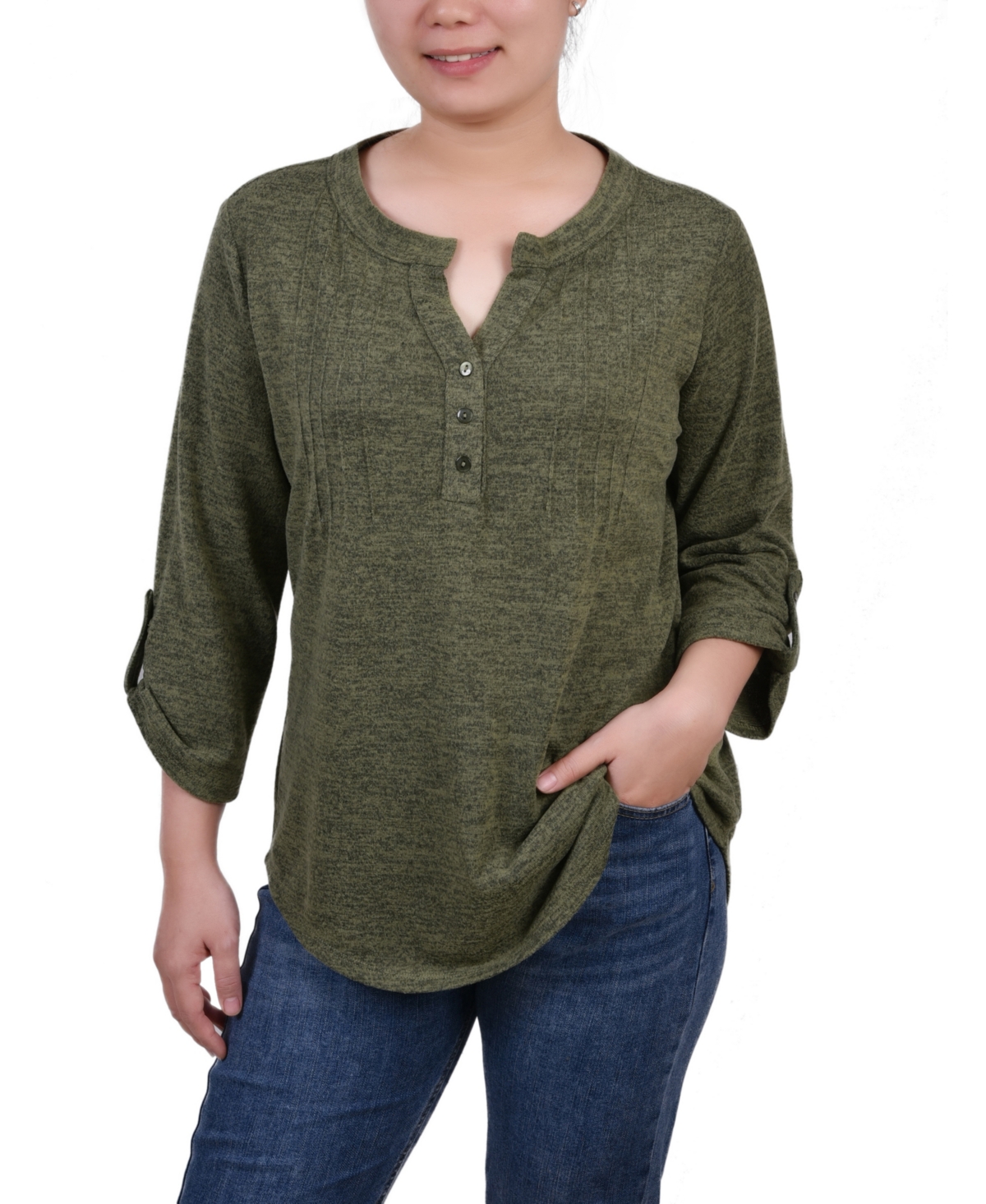 Click here for Ny Collection Petite 3/4 Roll Tab Sleeve Pintuck T... prices