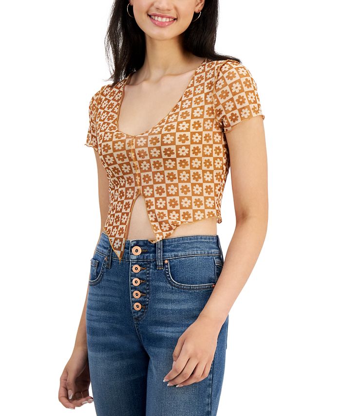 Just Polly Juniors' Printed Mesh Notch-Front Cropped Top - Macy's