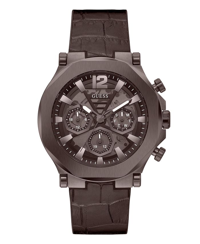GUESS Men's Chocolate Brown Genuine Leather, Silicone Strap, Multi ...