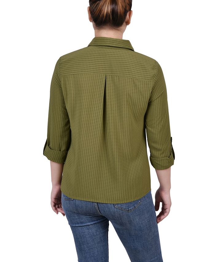 NY Collection Women's 3/4 Sleeve Windowpane Blouse - Macy's