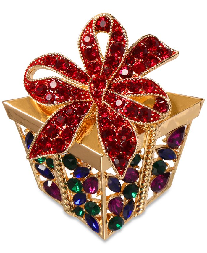 Charter Club Gold-Tone Multicolor Crystal & Stone Wrapped Gift Pin ...