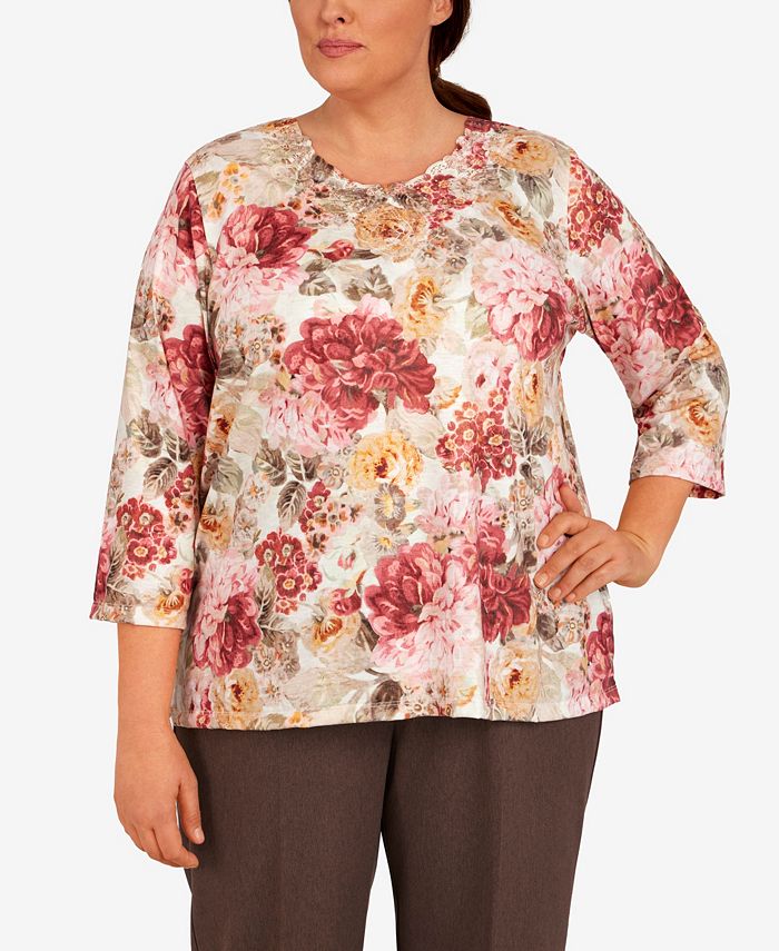 Alfred Dunner Plus Size Sorrento Tapestry Floral Print Lace Neck Top ...
