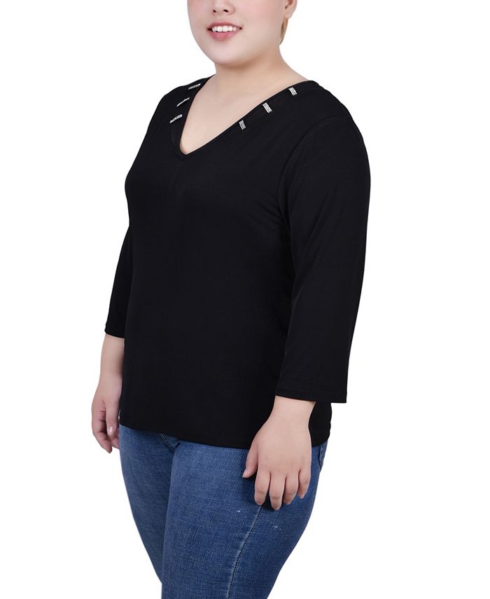 NY Collection Plus Size Tunic Top with Illusion Neckline and Stones ...