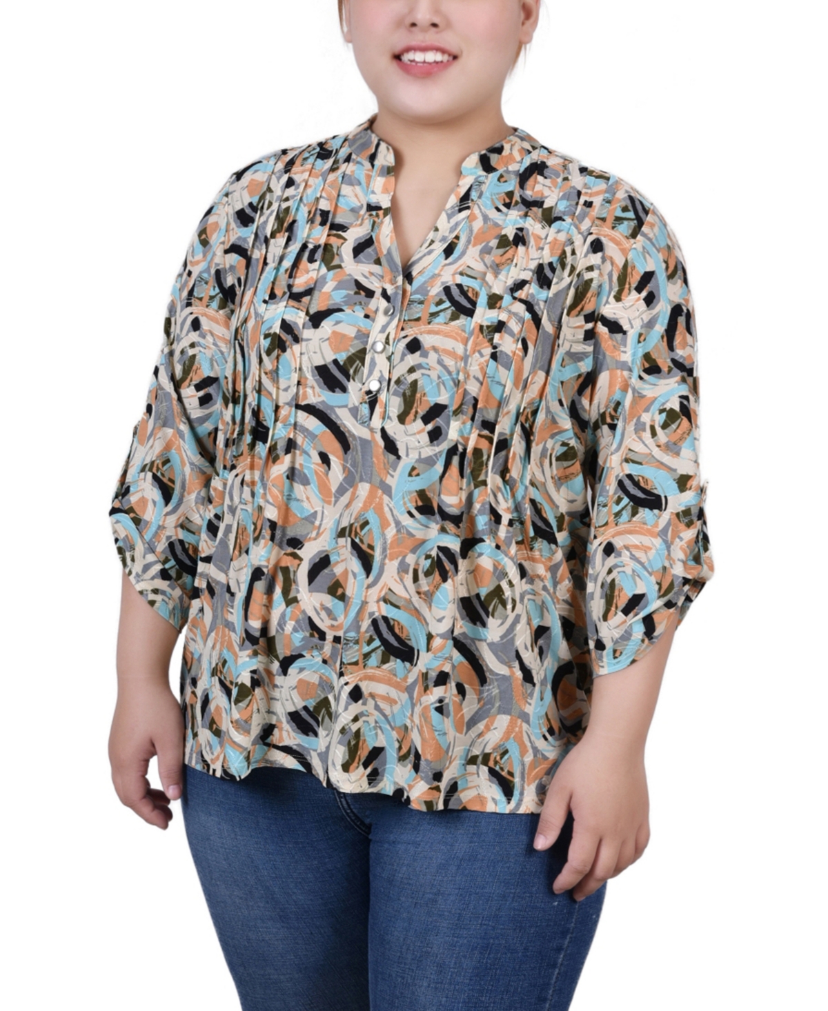 Click here for Plus Size 3/4 Roll Tab Sleeve Y-Neck Top - Multi A... prices