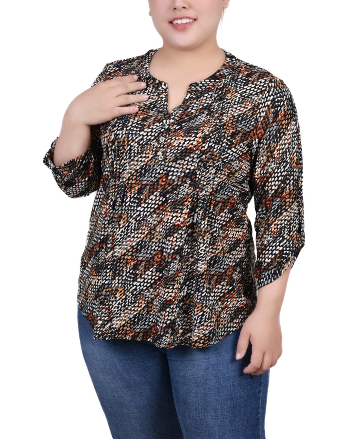 Click here for Plus Size 3/4 Roll Tab Sleeve Y-Neck Top - Black G... prices