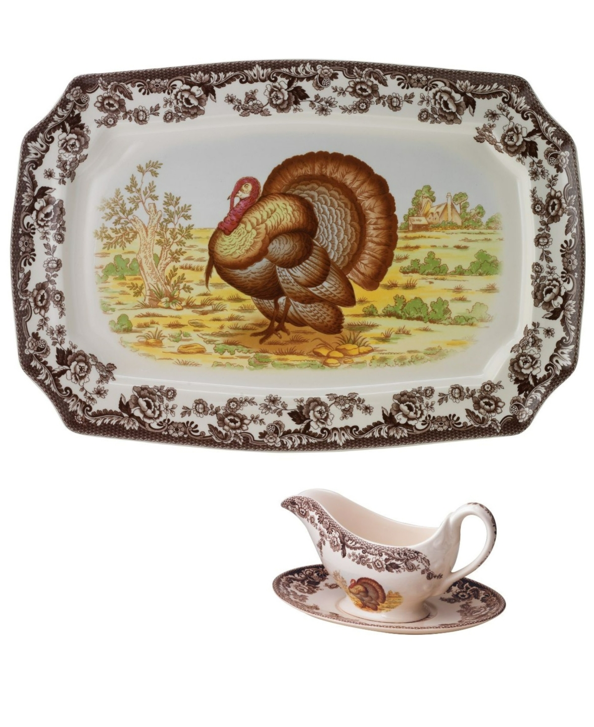 Click here for Spode Woodland Turkey Sauce Boat & Platter - Brown prices