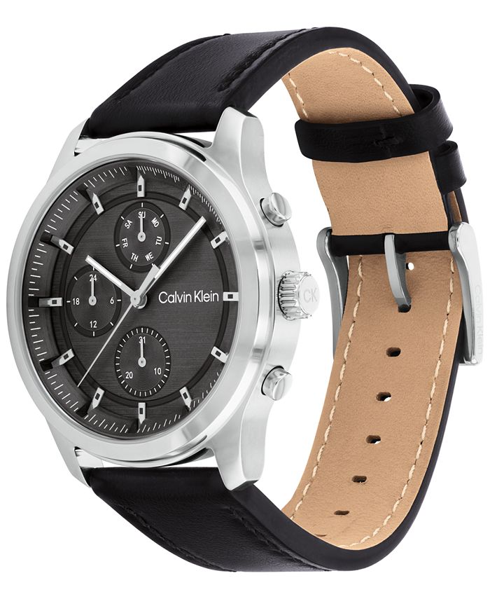 Calvin Klein Men's Black Leather Strap Watch 44mm - Macy's