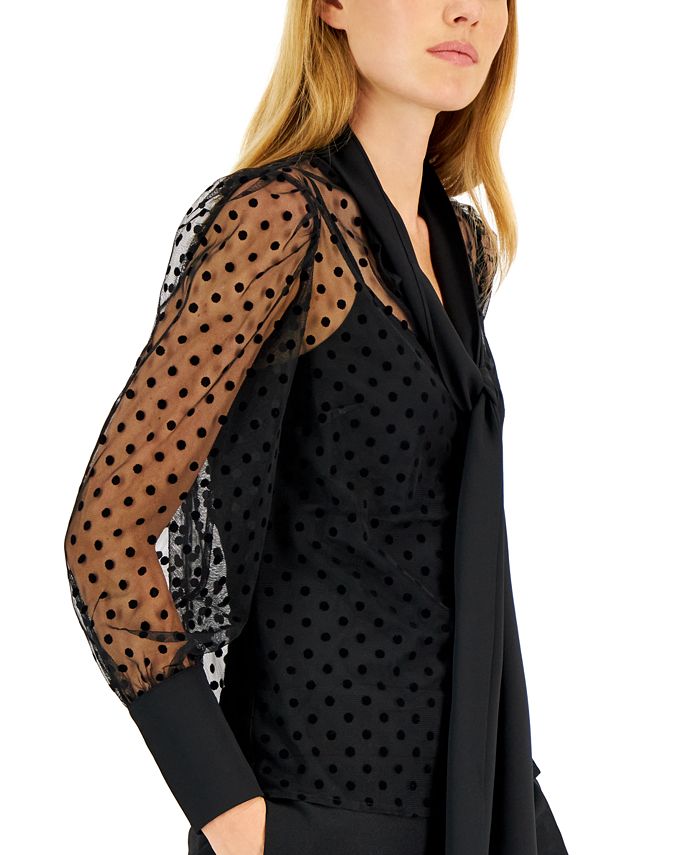 Anne Klein Women's Flocked-Dot Mesh Tie-Neck Blouse - Macy's