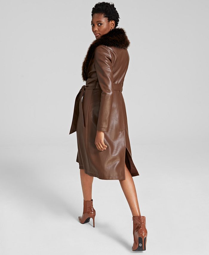 Kenneth Cole Women's Faux-Fur-Trim Faux-Leather Coat - Macy's