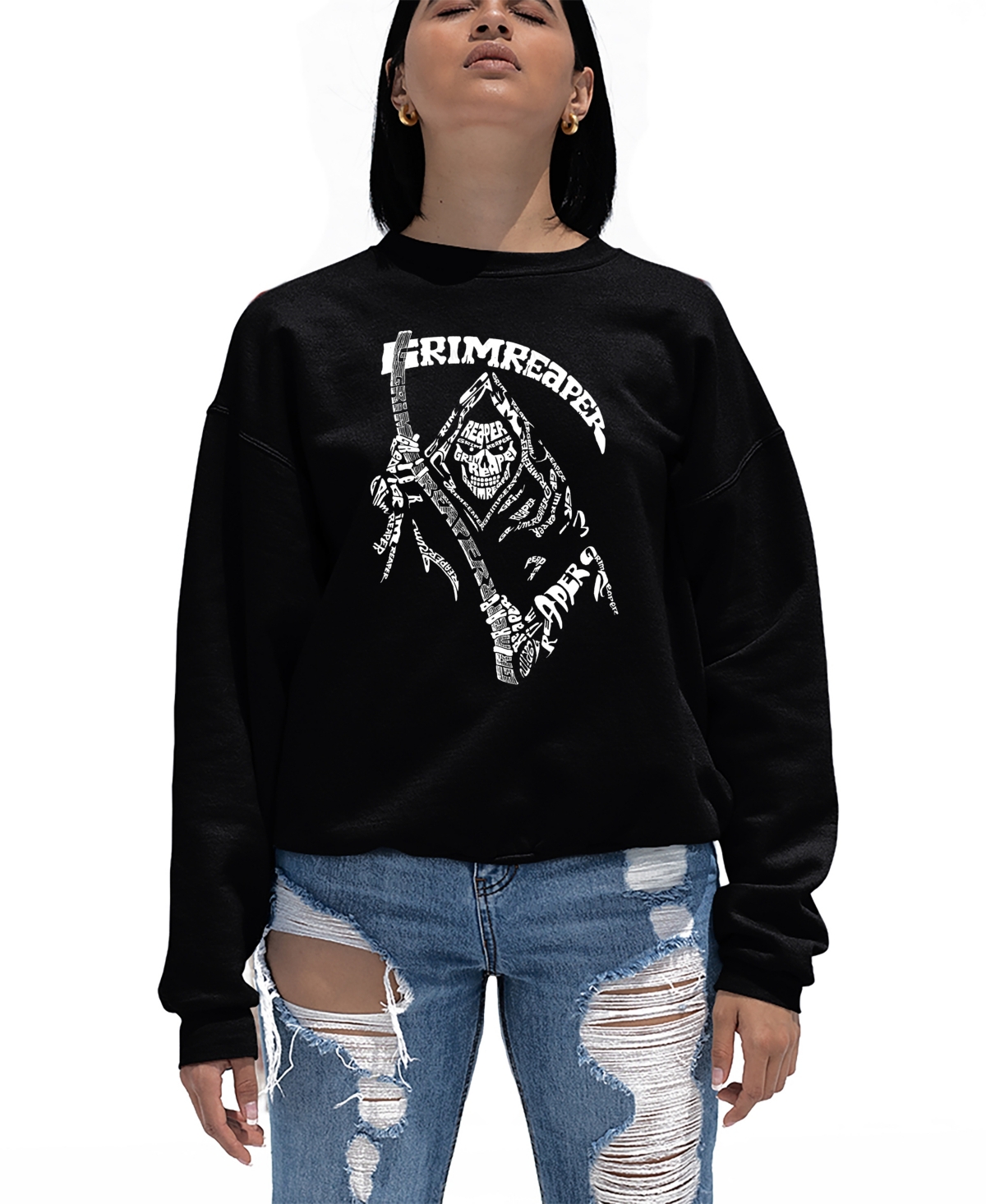 La Pop Art Women's Grim Reaper Word Art Crew Neck Sweatshirt In Black ...
