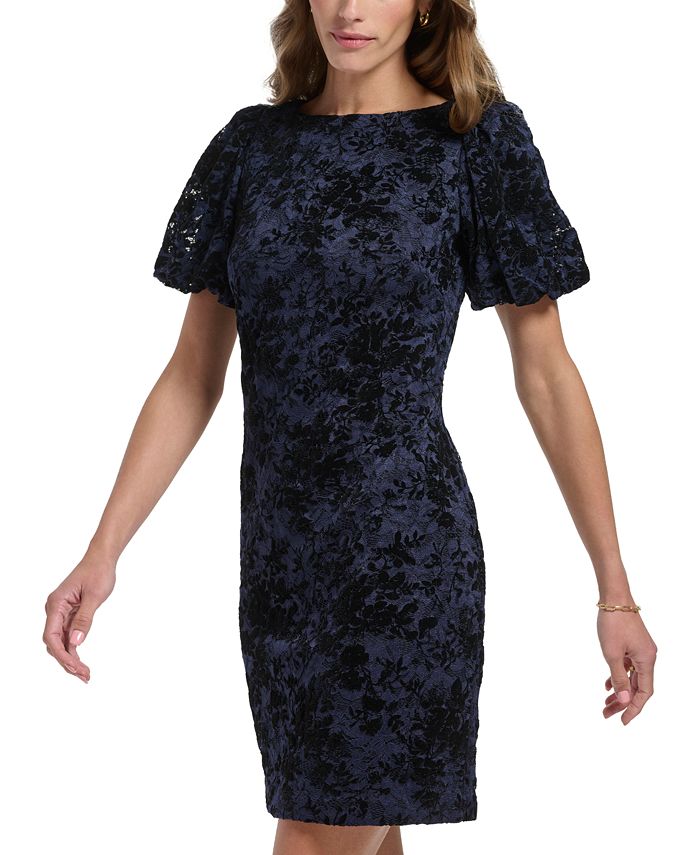 Jessica Howard Petite Boat-Neck Flock Velvet Sheath Dress - Macy's