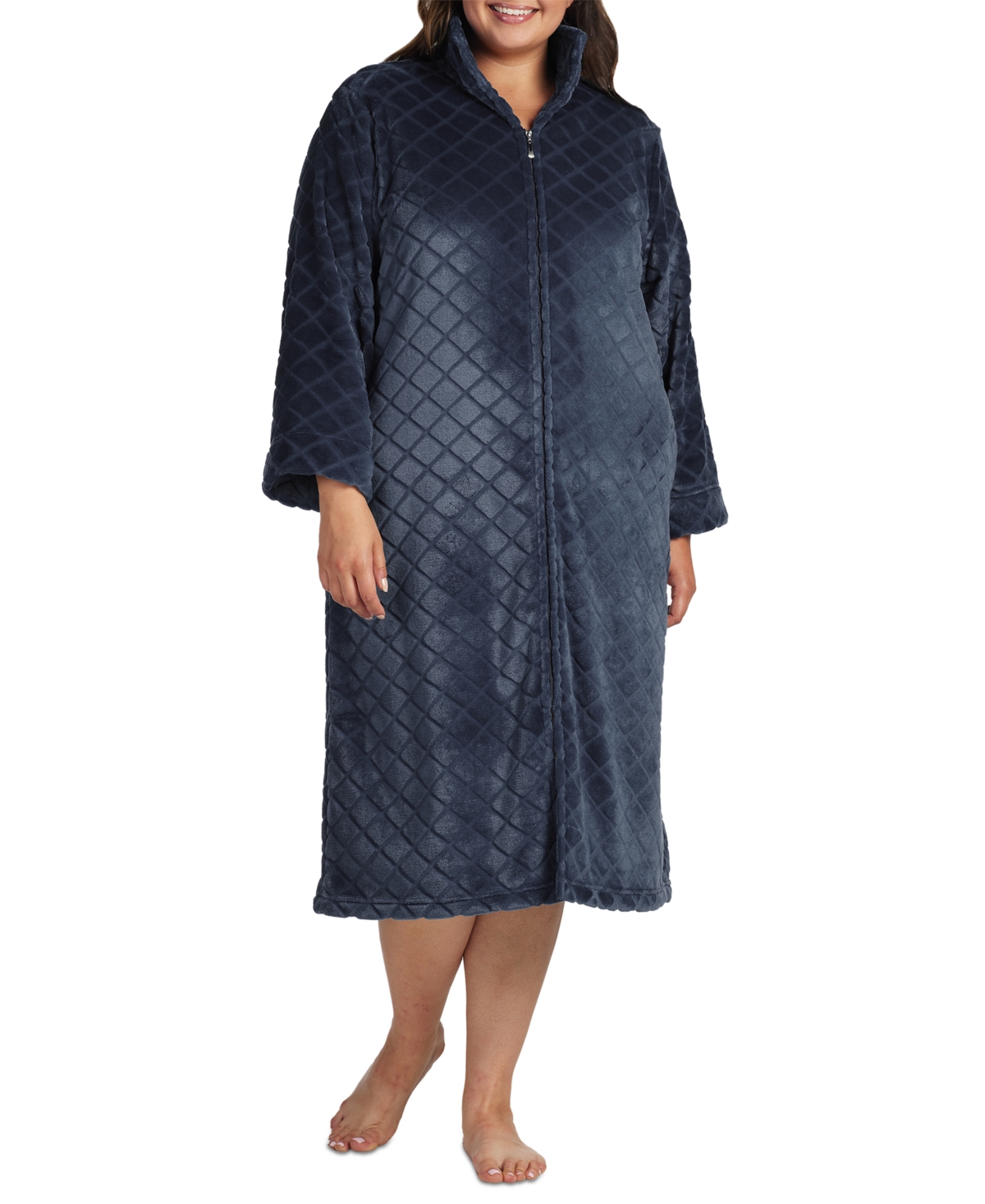 Miss Elaine Plus Size Long-sleeve Collared Knit Robe In Storm | ModeSens