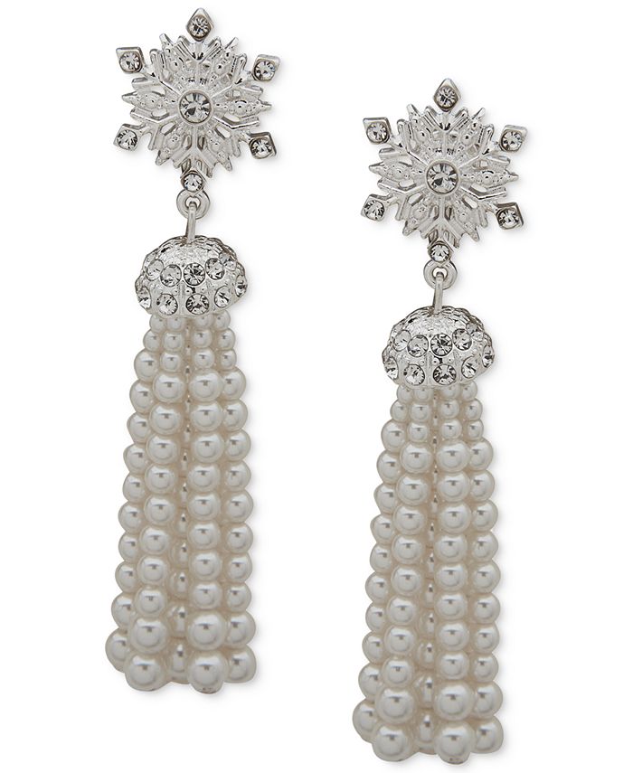 Anne Klein Silver-Tone Crystal Snowflake & Imitation Pearl Tassel Clip ...