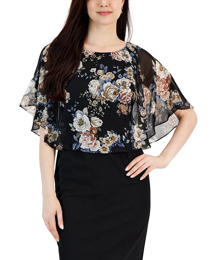 Connected Women's Round-Neck Chiffon Cape-Overlay Dress - Macy's