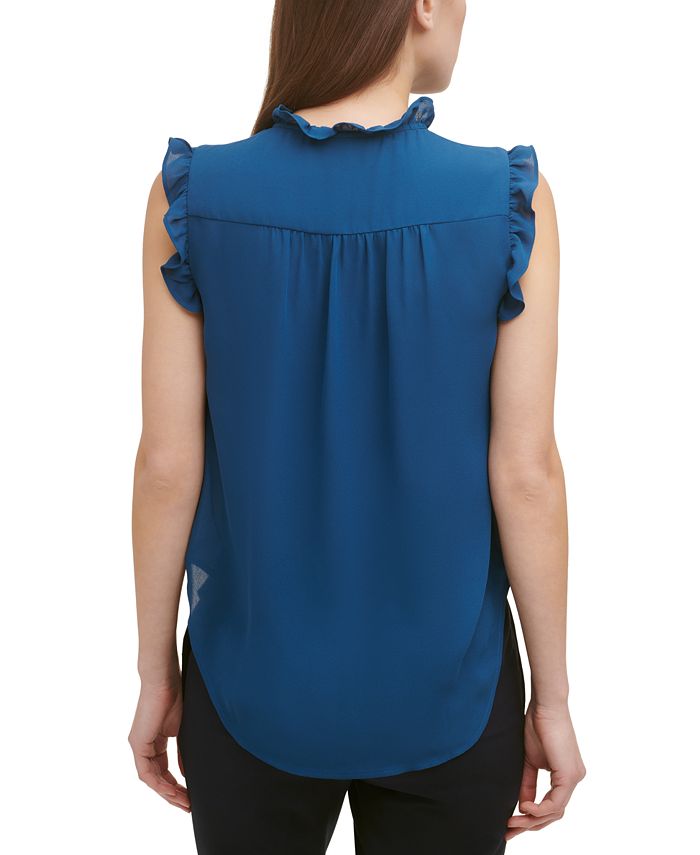 DKNY Petite V-Neck Ruffled Button-Front Sleeveless Top - Macy's