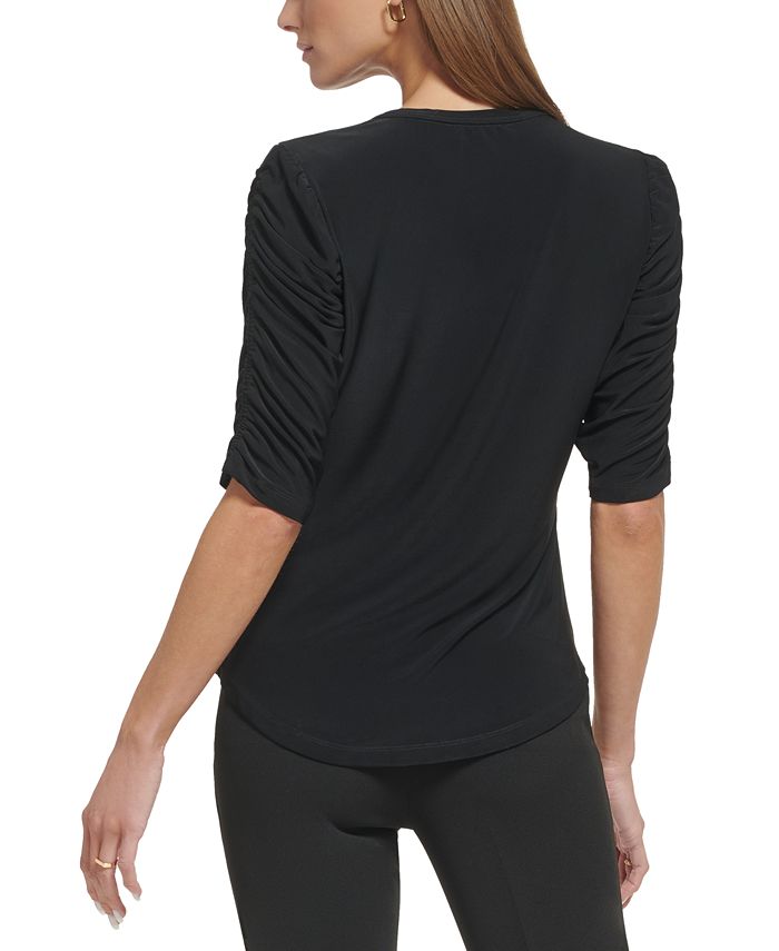 DKNY Petite Round-Neck Ruched-Short-Sleeve Top - Macy's