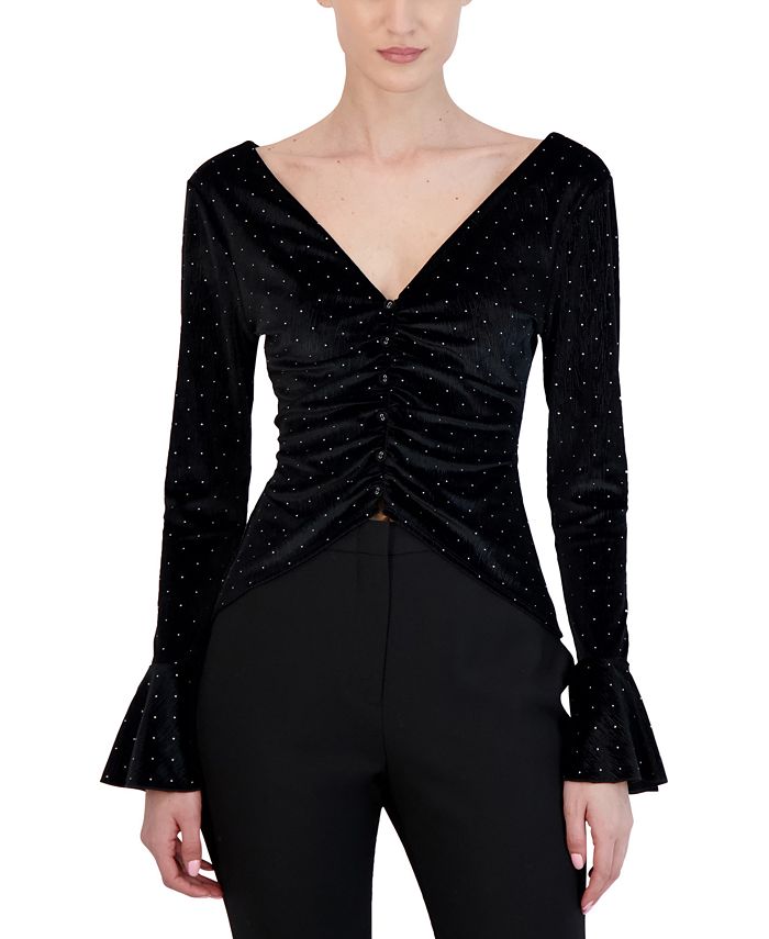 BCBGMAXAZRIA Women's Ruched Velvet Bell-Cuff Top - Macy's