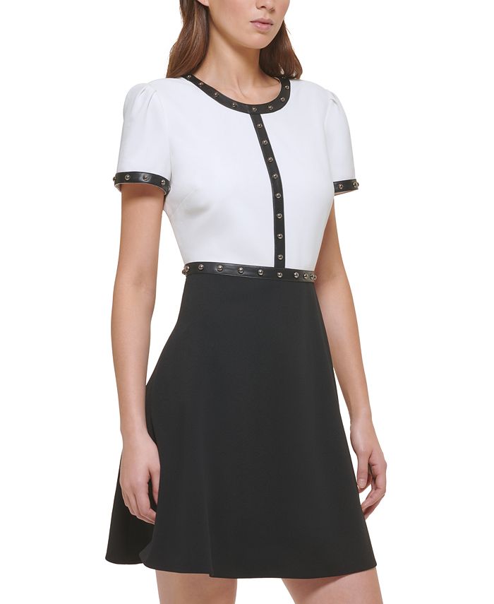 KARL LAGERFELD PARIS Women's Faux-Leather Studded-Trim Dress - Macy's