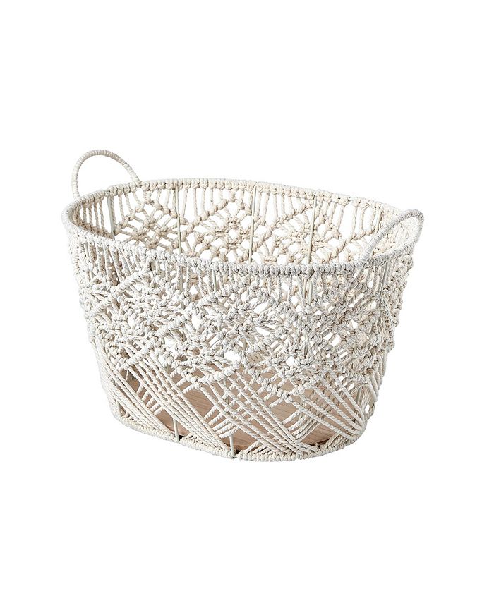 Baum Macrame Oval Cotton Rope Storage Bins with Ear Handles and Wood ...