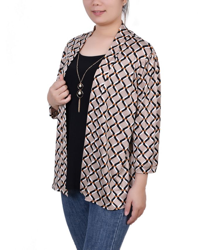 NY Collection Petite 3/4 Sleeve Two-Fer Top - Macy's