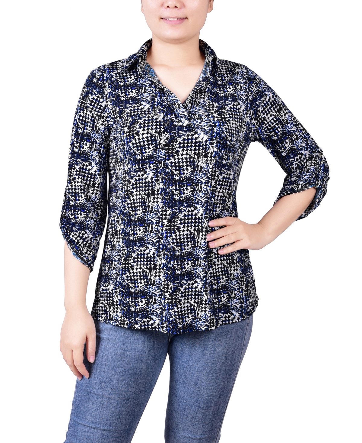 Click here for Ny Collection Petite 3/4 Ruched Sleeve Studded Y-n... prices