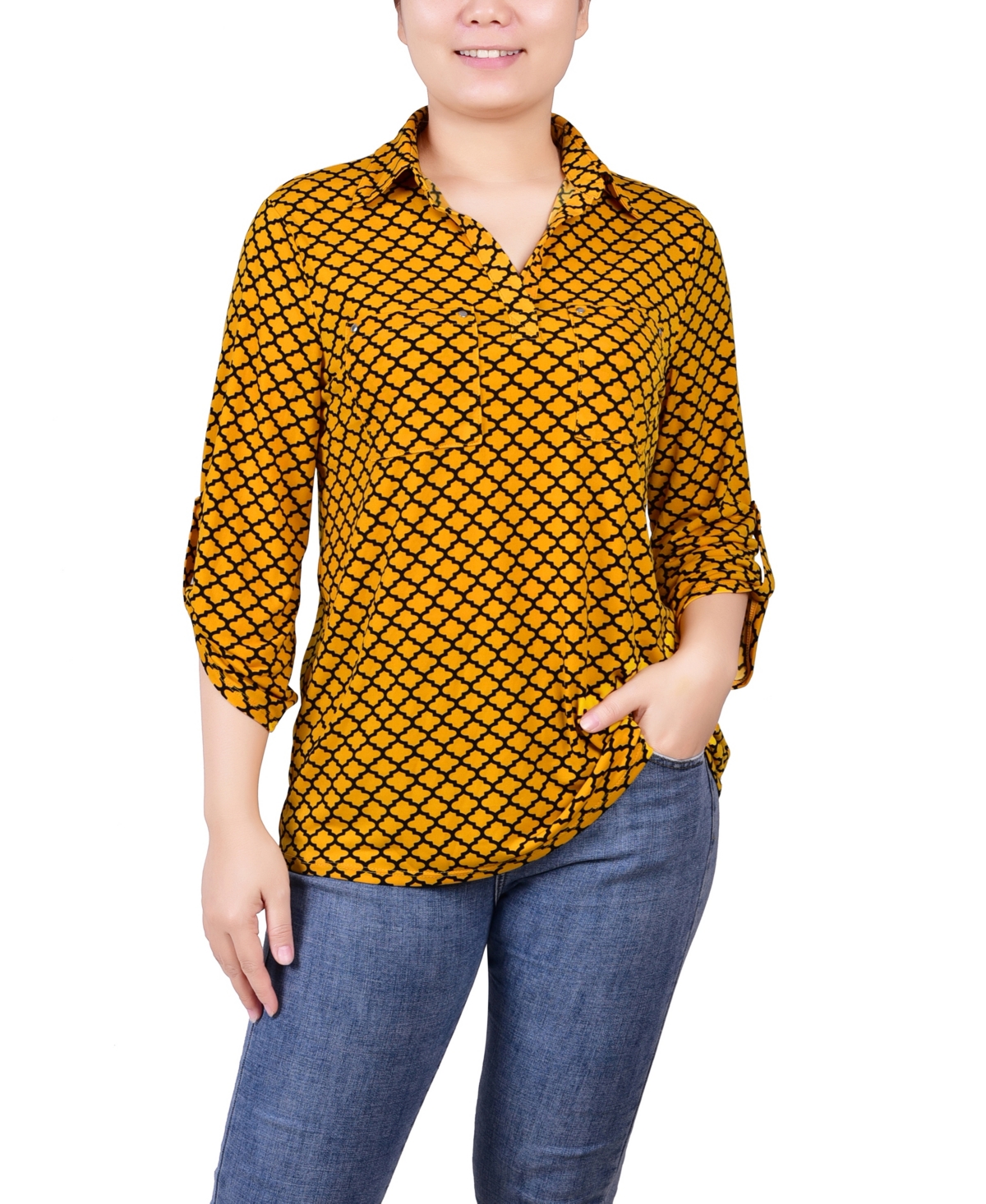 Click here for Ny Collection Petite 3/4 Ruched Sleeve Studded Y-n... prices