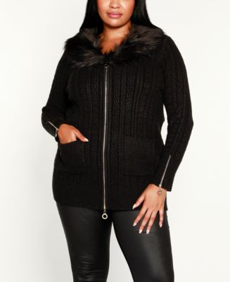 Belldini Black Label Plus Size Faux Fur Collar Cable Zippered Sweater ...