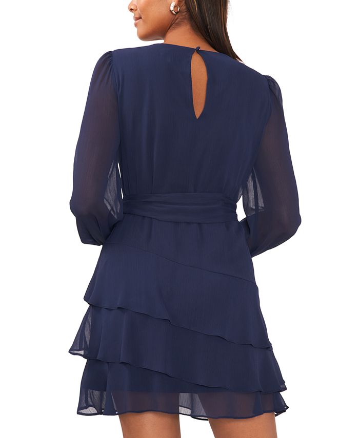 MSK Women's Solid Tiered Ruffled Sheer-Sleeve Tie-Waist Dress - Macy's