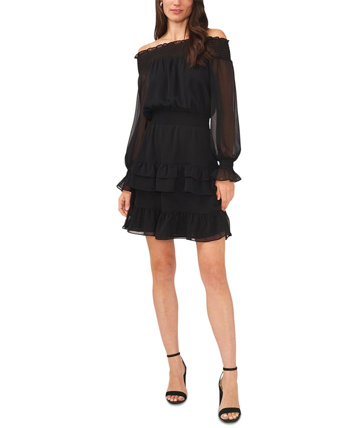 MSK Women's Solid Off-The-Shoulder Smocked Tiered Ruffled Dress - Macy's