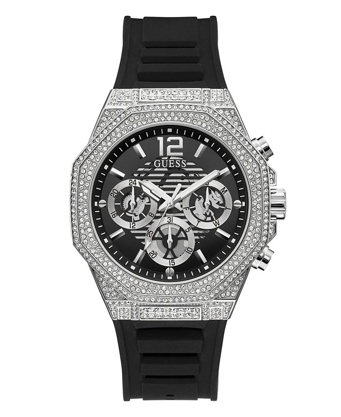 GUESS Men's Silver-Tone Glitz Black Silicone Multi-Function Watch 44mm ...