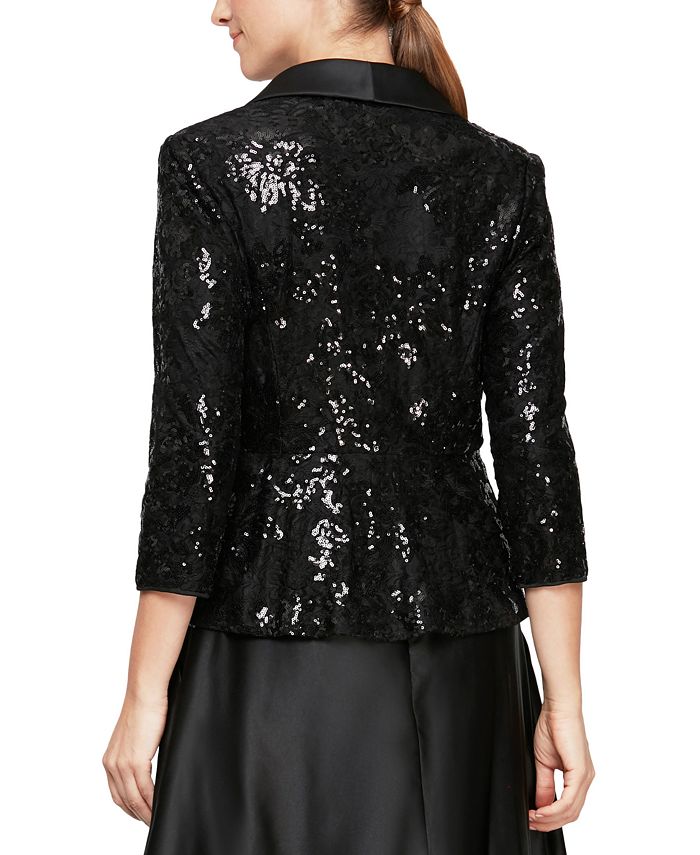 Alex Evenings Petite Satin-Collar Sequined Peplum-Hem Top - Macy's