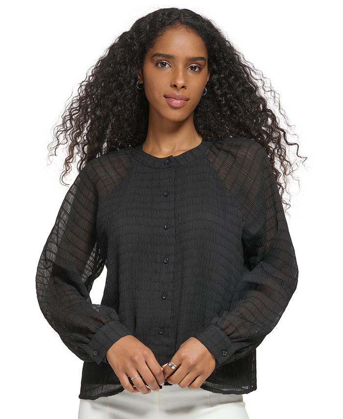 Calvin Klein Long Sleeve Textured Chiffon Blouse - Macy's