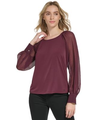 Calvin Klein Women's Long Sleeve Chiffon & Matte Jersey Top - Macy's