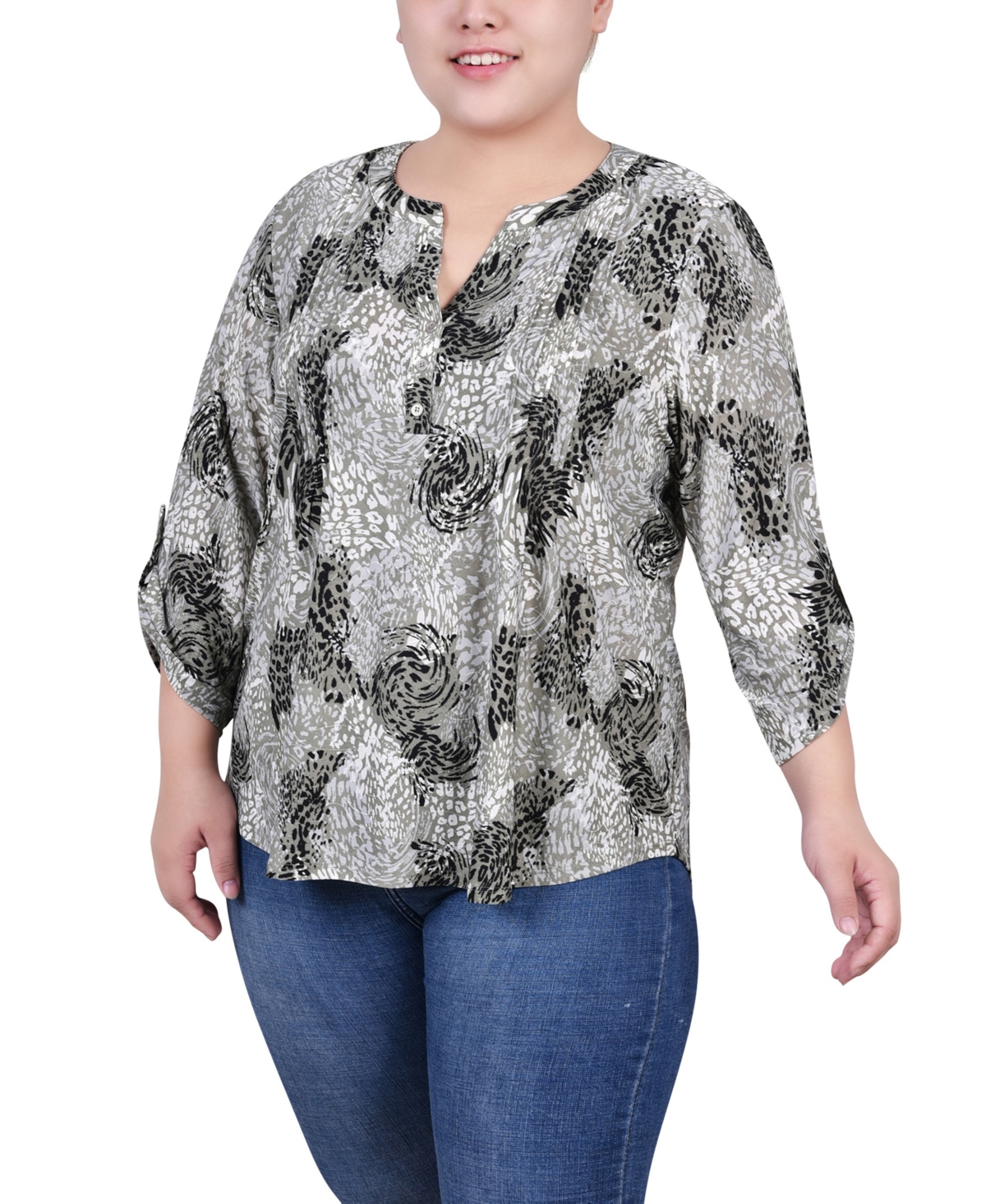 Click here for Plus Size 3/4 Roll Tab Sleeve Y-Neck Top - Shadow... prices