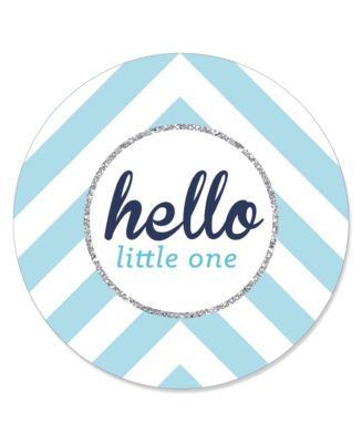 Hello Little One - Blue & Silver - Boy Baby Shower Circle Sticker ...