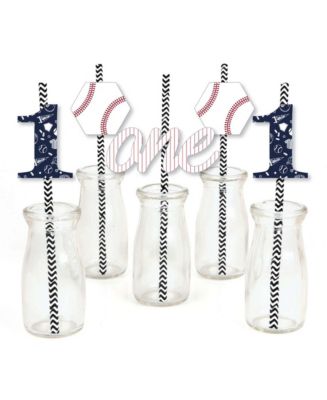 1st Birthday Batter Up - Baseball - Paper Straw Striped Decor Straws ...