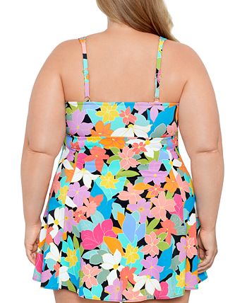 Swim Solutions Plus Size Tummy Control Bow-Front Printed Swimdress ...
