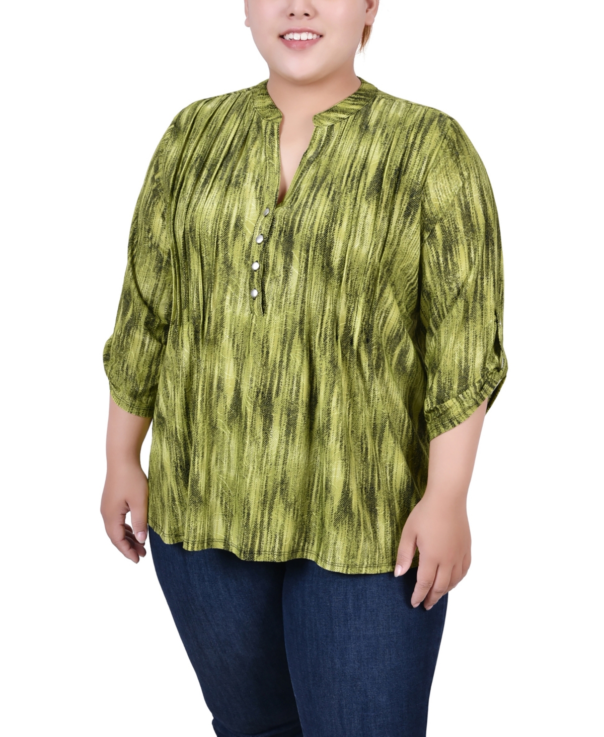 Click here for Plus Size 3/4 Roll Tab Sleeve Y-Neck Top - Chartre... prices
